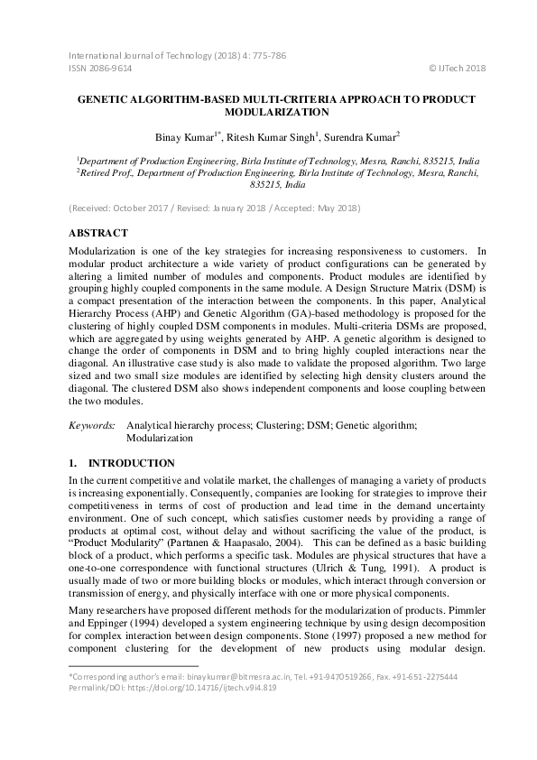 (PDF) Genetic Algorithm-based Multi-criteria Approach to Product Modularization