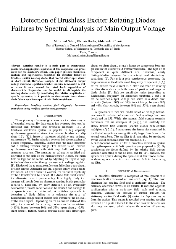 (PDF) Detection of brushless exciter rotating diodes failures by ...