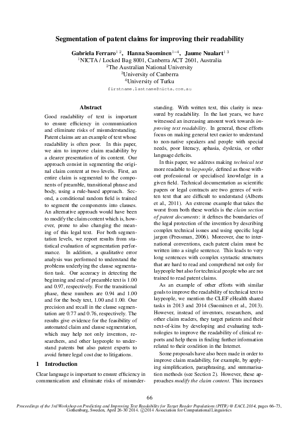 (PDF) Segmentation of patent claims for improving their readability