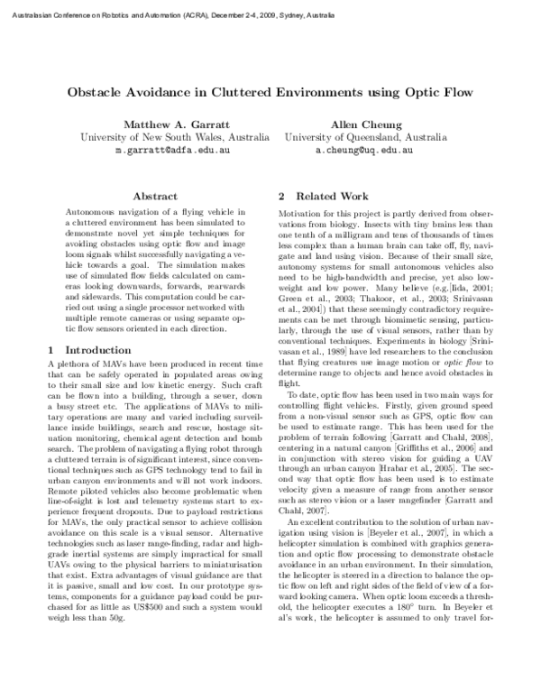 (PDF) Obstacle avoidance in cluttered environments using optic flow