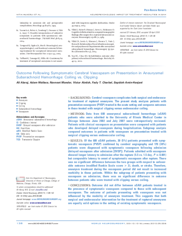 (PDF) Outcome Following Symptomatic Cerebral Vasospasm on Presentation in Aneurysmal ...
