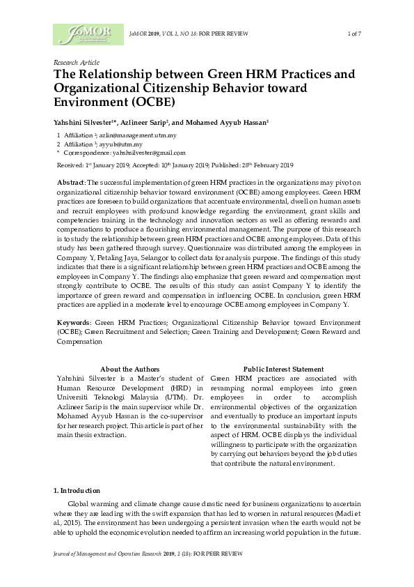 (PDF) The Relationship between Green HRM Practices and Organizational Citizenship Behavior ...