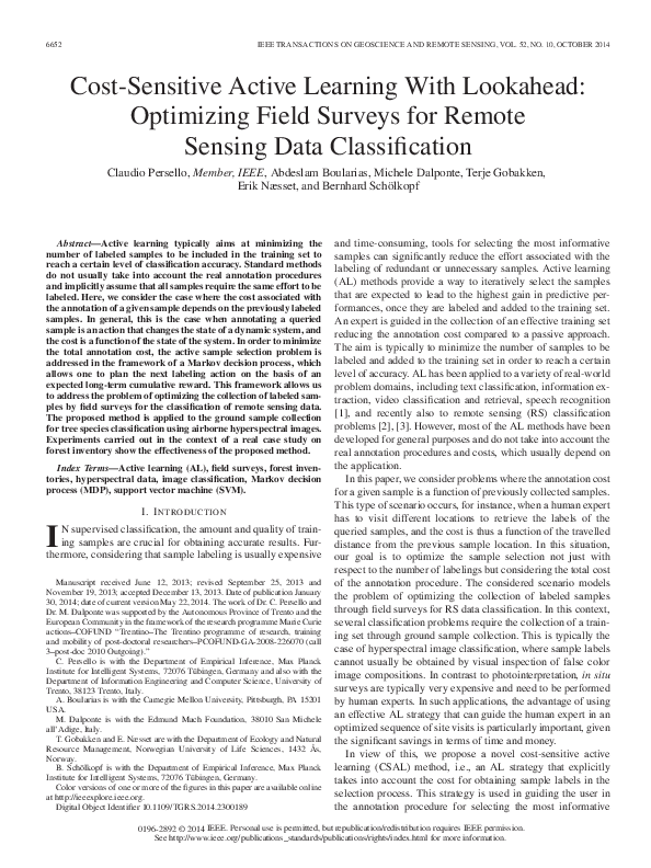 (PDF) Cost-Sensitive Active Learning With Lookahead: Optimizing Field Surveys for Remote Sensing ...