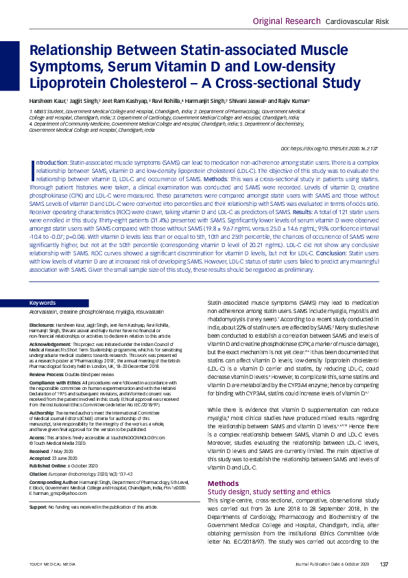 (PDF) Relationship Between Statin-associated Muscle Symptoms, Serum ...