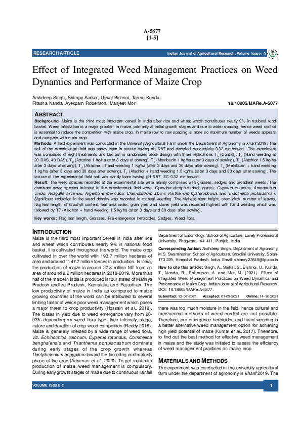 (PDF) Effect of Integrated Weed Management Practices on Weed Dynamics and Performance of Maize Crop