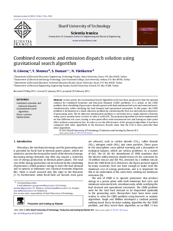 Pdf Combined Economic And Emission Dispatch Solution Using Gravitational Search Algorithm