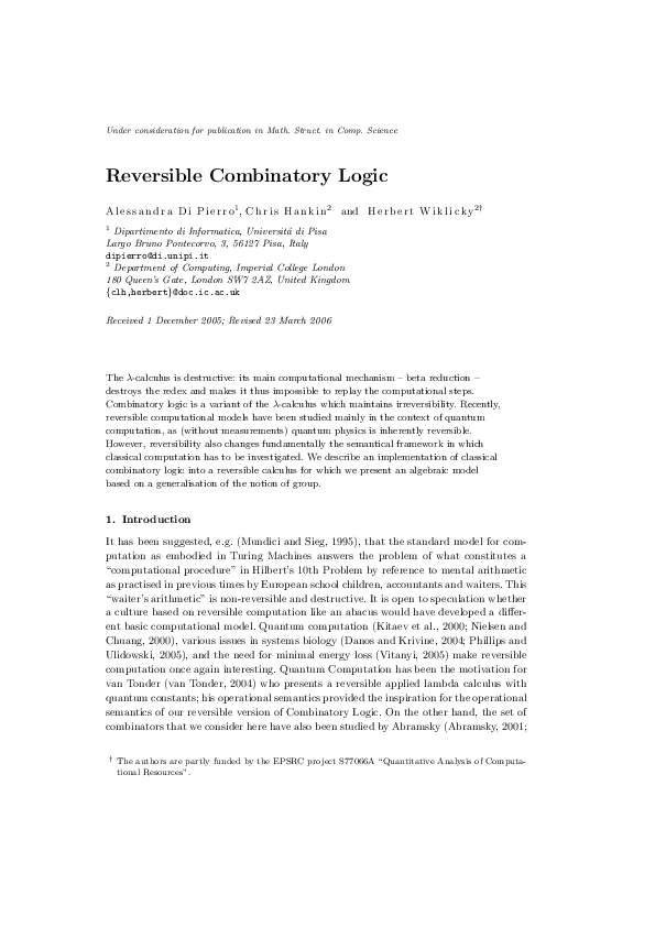 (PDF) Reversible combinatory logic