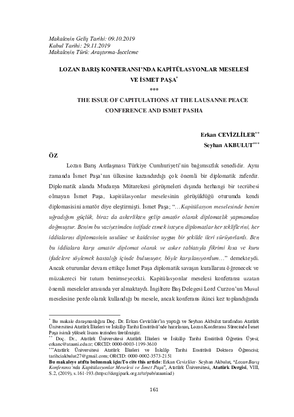 (PDF) Lozan Bariş Konferansi’Nda Kapi̇tülasyonlar Meselesi̇ Ve İsmet Paşa
