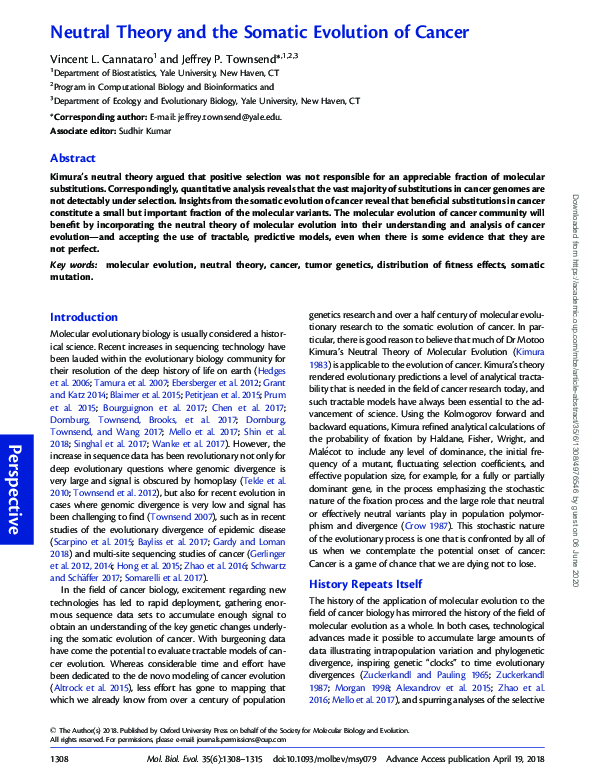 (PDF) Neutral Theory and the Somatic Evolution of Cancer