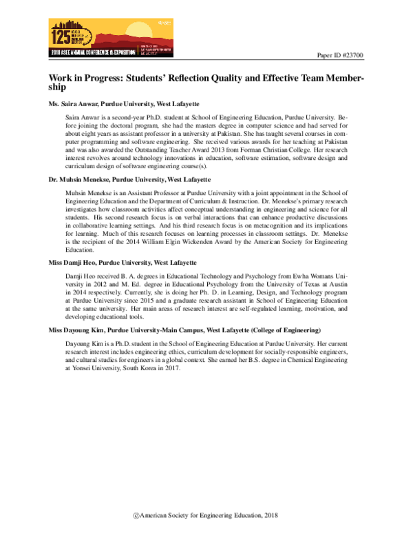 (PDF) Work in Progress: Students’ Reflection Quality and Effective Team ...
