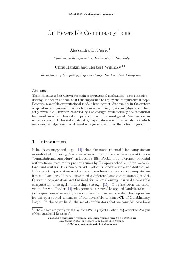 (PDF) On Reversible Combinatory Logic