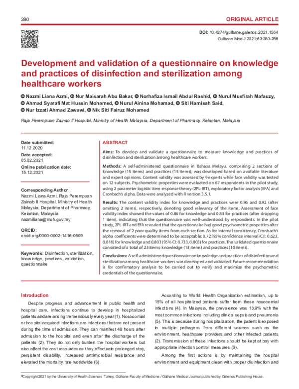 Pdf Development And Validation Of A Questionnaire On Knowledge And Practices Of Disinfection