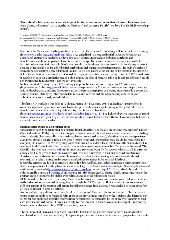 (PDF) The role of a bioresource research impact factor as an incentive ...