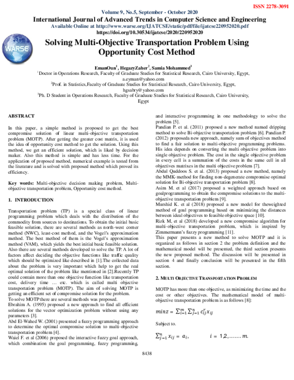 Pdf Solving Multi Objective Transportation Problem Under Cost
