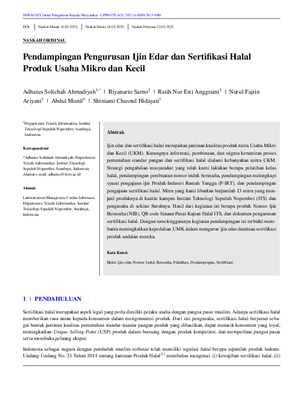(PDF) Pendampingan Pengurusan Ijin Edar dan Sertifikasi Halal Produk Usaha Mikro dan Kecil