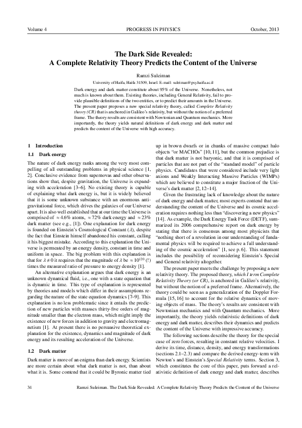 (PDF) Volume 4 PROGRESS IN PHYSICS The Dark Side Revealed: A Complete ...