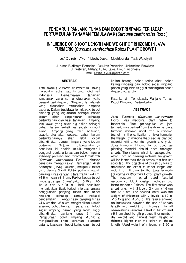 (PDF) Pengaruh Panjang Tunas Dan Bobot Rimpang Terhadap Pertumbuhan ...