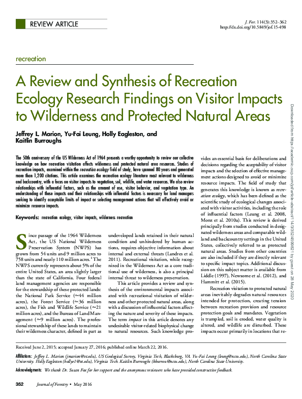 (PDF) A Review and Synthesis of Recreation Ecology Research Findings on Visitor Impacts to ...