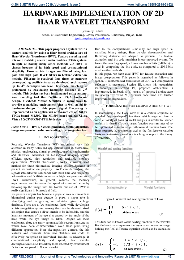 Pdf Hardware Implementation Of 2d Haar Wavelet Transform Jyotirmoy Pathak