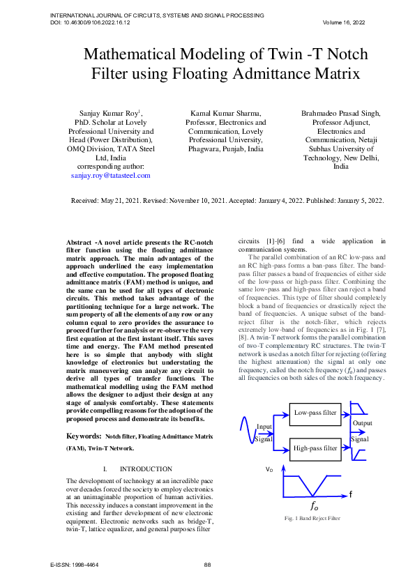 Pdf Mathematical Modelling Of Twin T Notch Filter Using Floating