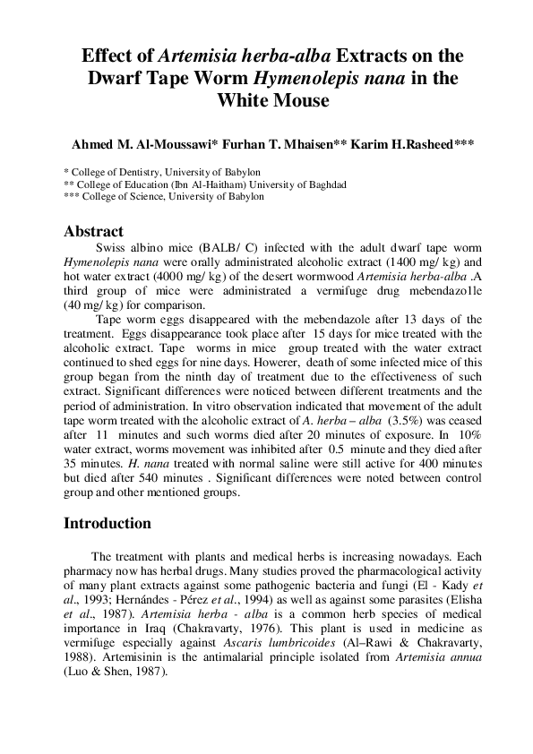 (PDF) Effect of Artemisia herba-alba Extracts on the Dwarf Tape Worm ...