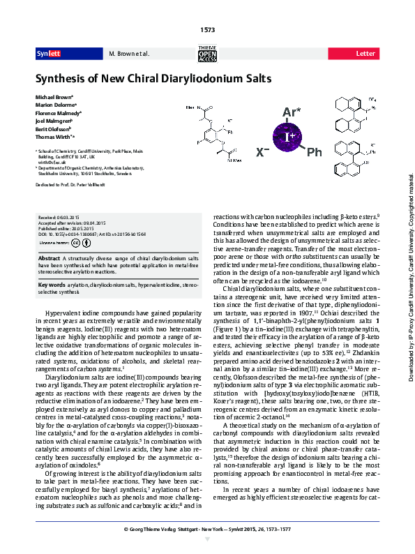 (PDF) Synthesis of New Chiral Diaryliodonium Salts | Berit Olofsson ...