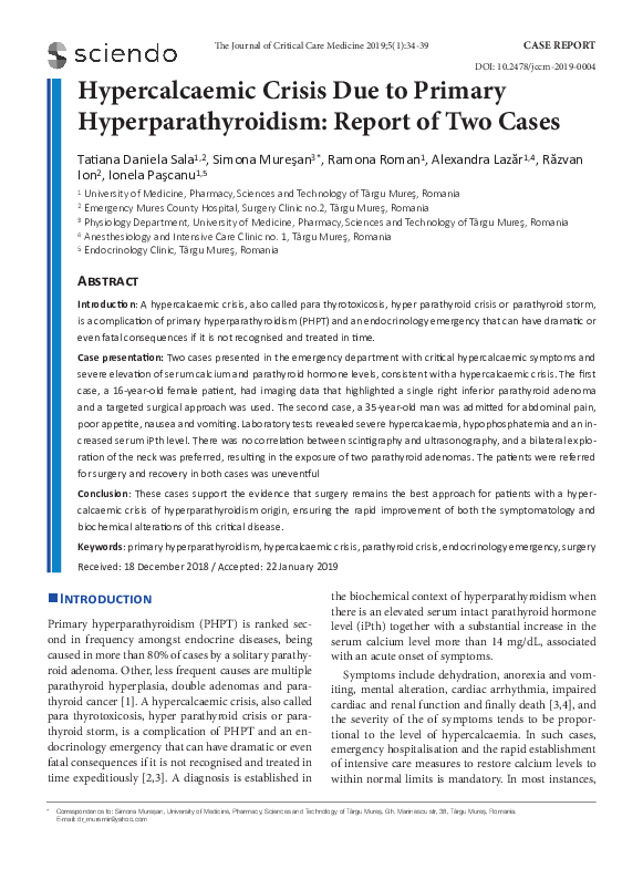 (PDF) Hypercalcaemic Crisis Due to Primary Hyperparathyroidism: Report ...