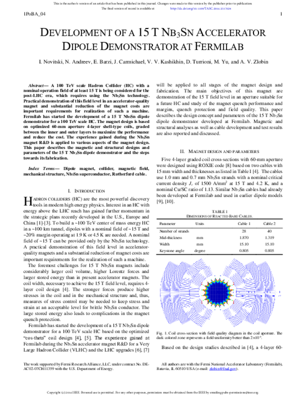 (PDF) DEVELOPMENT OF A 15 T Nb3Sn ACCELERATOR DIPOLE DEMONSTRATOR AT ...