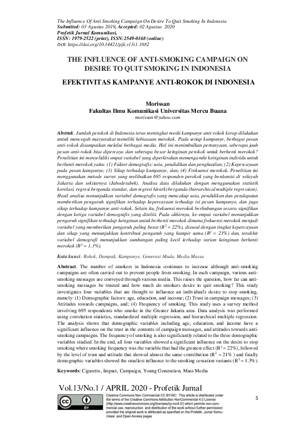 (PDF) EFEKTIVITAS KAMPANYE ANTI-ROKOK DI INDONESIA (Pengaruh Iklan Anti ...
