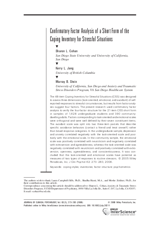 (PDF) Confirmatory factor analysis of a short form of the Coping Inventory for Stressful Situations