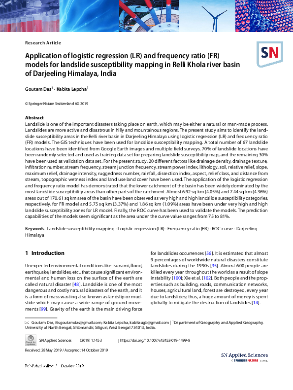 (PDF) Application of logistic regression (LR) and frequency ratio (FR) models for landslide ...