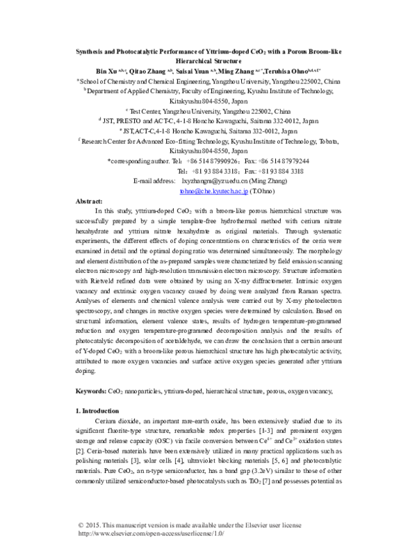 (PDF) Synthesis and photocatalytic performance of yttrium-doped CeO2 ...
