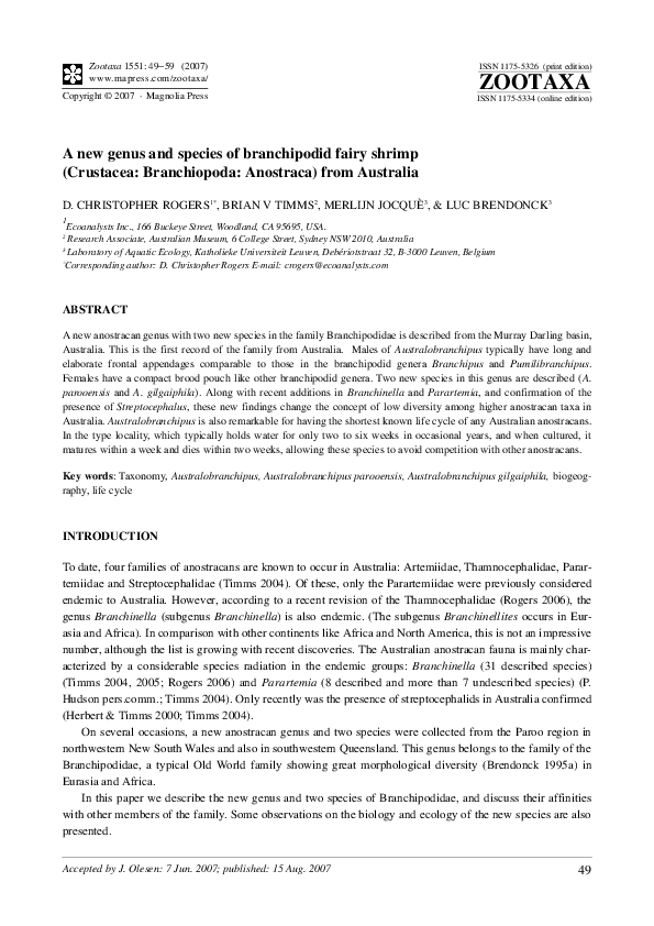 (PDF) A new genus and species of branchipodid fairy shrimp (Crustacea ...