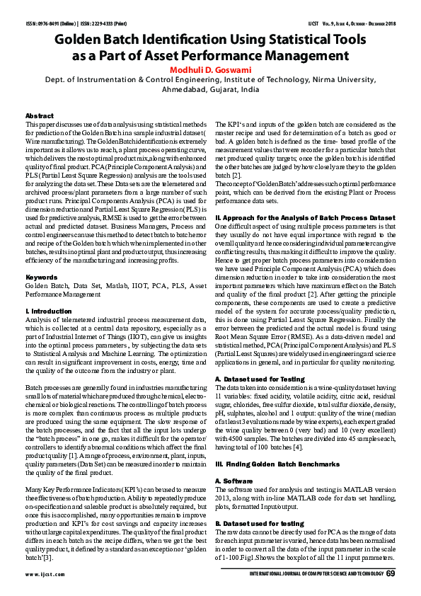 (PDF) Golden Batch Identification using Statistical Tools
