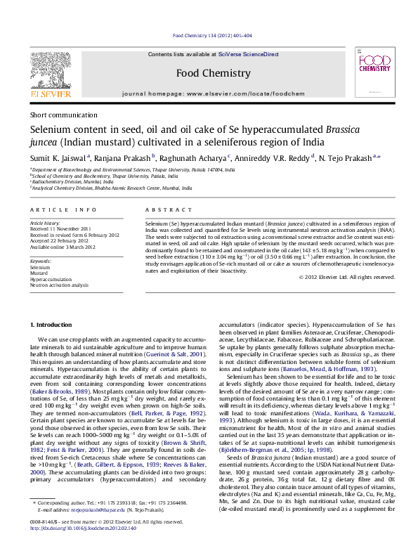 (PDF) Selenium content in seed, oil and oil cake of Se hyperaccumulated ...