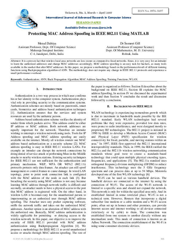 (PDF) Protecting MAC Address Spoofing in IEEE 802.11 Using MATLAB