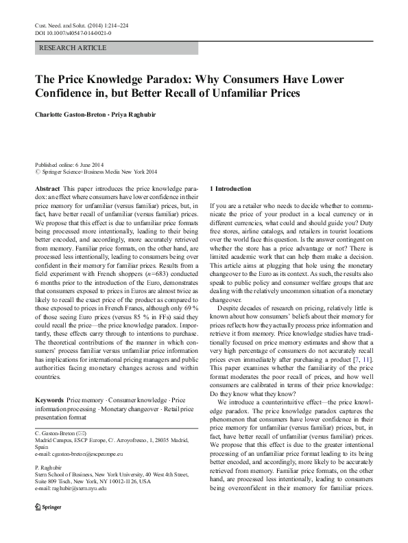 (PDF) The Price Knowledge Paradox: Why Consumers Have Lower Confidence ...