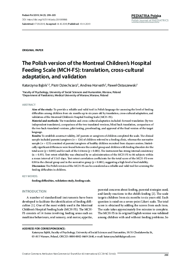 (PDF) The Polish version of the Montreal Children’s Hospital Feeding ...