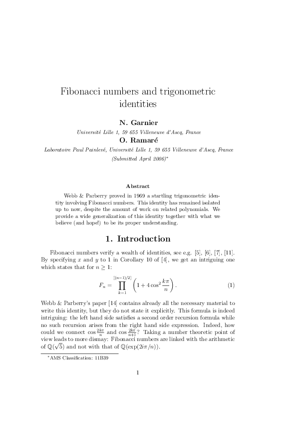 (PDF) Fibonacci numbers and trigonometric identities