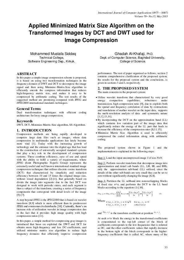 Pdf Applied Minimized Matrix Size Algorithm On The Transformed Images