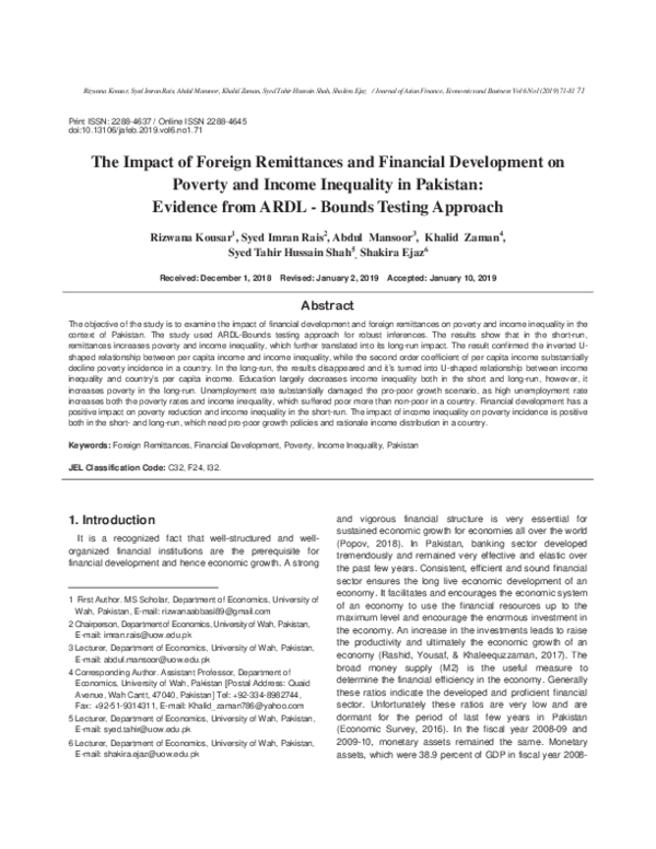 (PDF) The Impact of Foreign Remittances and Financial Development on Poverty and Income ...