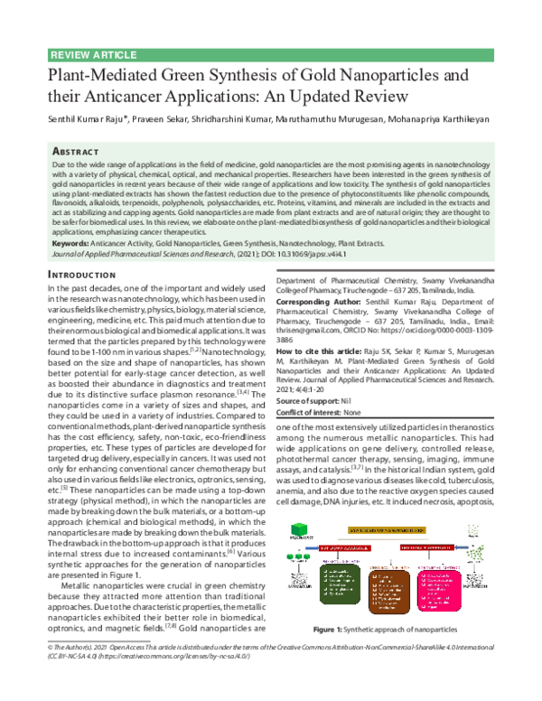 (PDF) Plant-Mediated Green Synthesis of Gold Nanoparticles and their Anticancer Applications: An ...