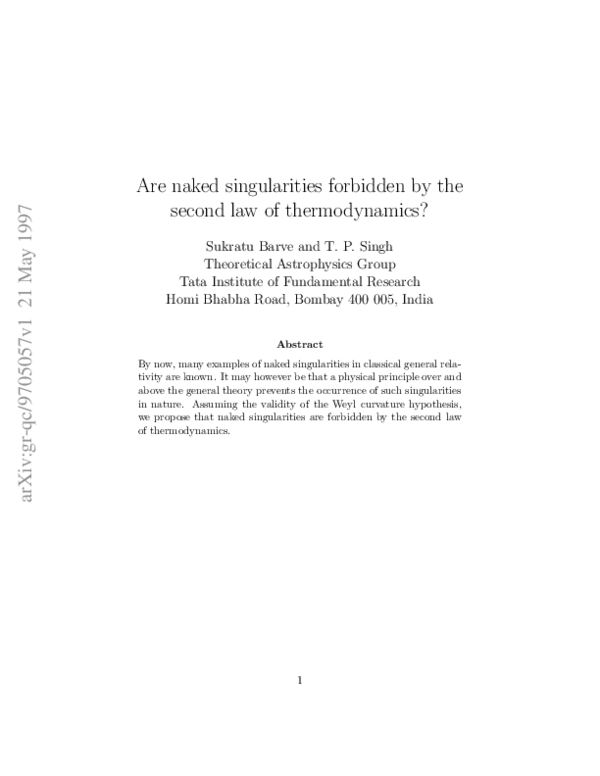 (PDF) Are naked singularites forbidden by the second law of thermodynamics?