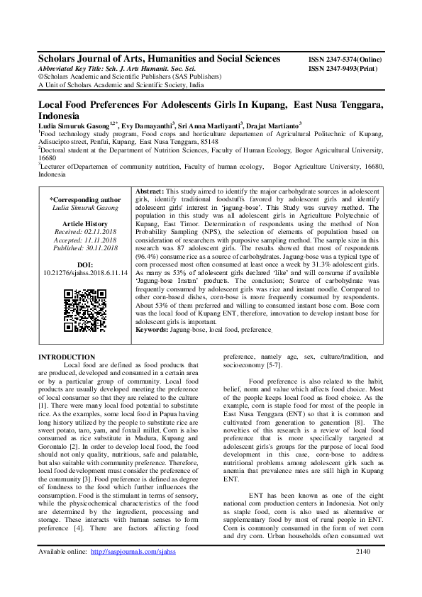 (PDF) Local Food Preferences For Adolescents Girls In Kupang, East Nusa ...