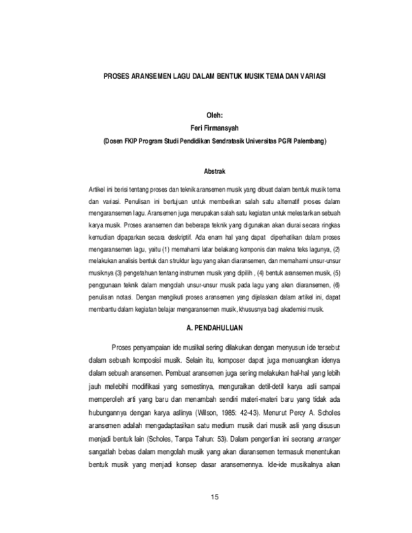 (PDF) Proses Aransemen Lagu Dalam Bentuk Musik Tema Dan Variasi
