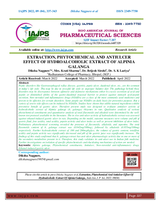 (PDF) EXTRACTION, PHYTOCHEMICAL AND ANTIULCER EFFECT OF HYDROALCOHOLIC ...