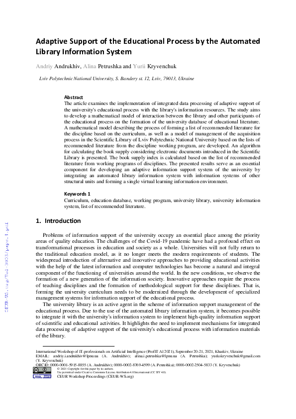 (PDF) Adaptive Support of the Educational Process by the Automated ...