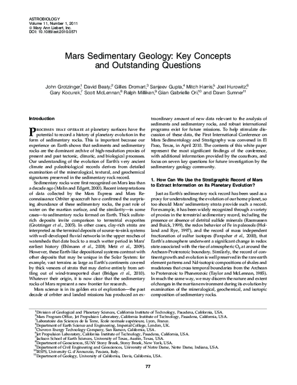 (PDF) Mars Sedimentary Geology: Key Concepts and Outstanding Questions