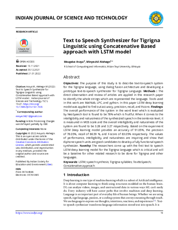 (PDF) Text to Speech Synthesizer for Tigrigna Linguistic using ...