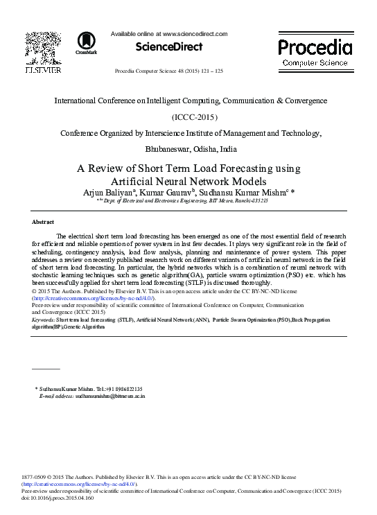 Pdf A Review Of Short Term Load Forecasting Using Artificial Neural Network Models